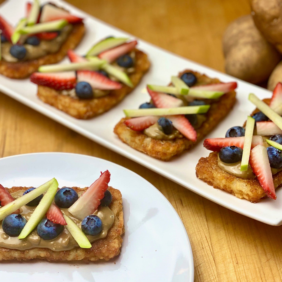 Cinnamon Sugar Hash Brown Toast w/ Fresh Fruit and Toasted Nut Butter ...