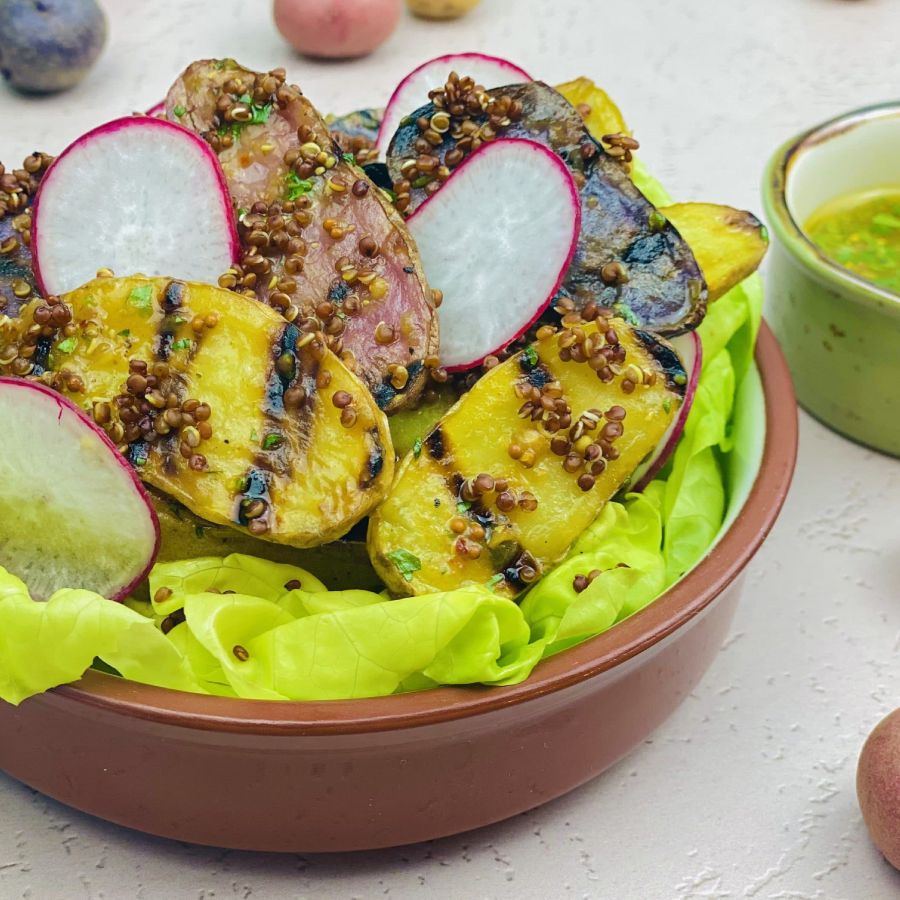 Grilled Fingerling Potatoes with Green Chili Vinaigrette, Red Quinoa ...